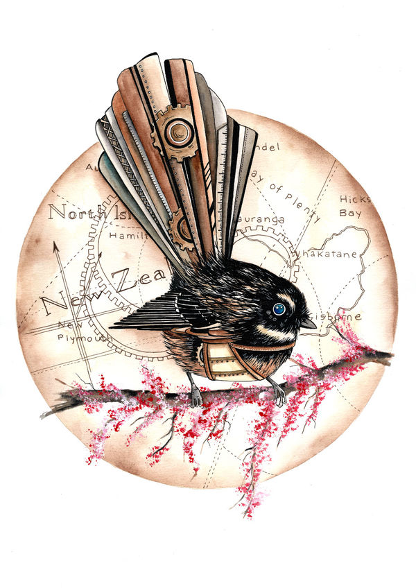 Blossom Fantail - birds - FionaClarkeART.co.nz