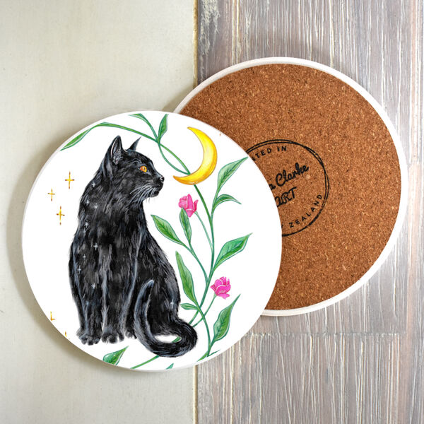 Luna Cat Coaster - Coasters - FionaClarkeART.co.nz