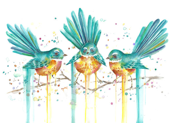 Fantail Trio - birds - FionaClarkeART.co.nz