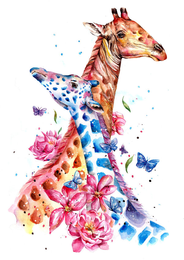 Floral Giraffes - animals - FionaClarkeART.co.nz