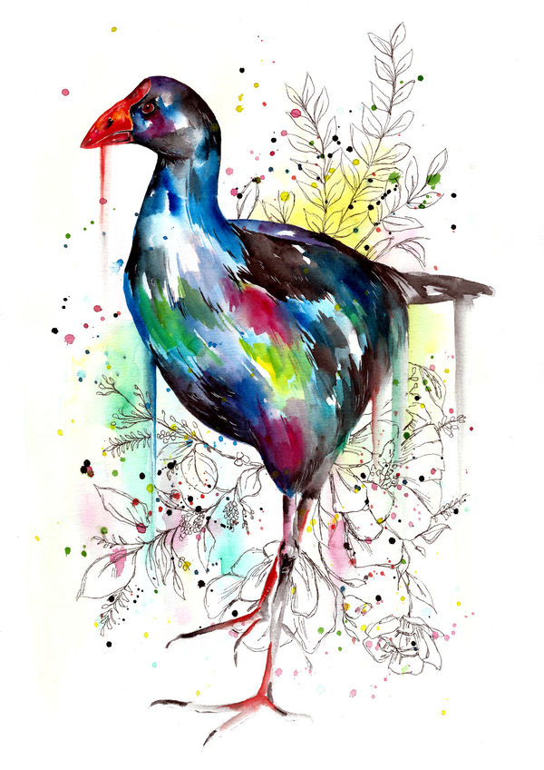 Floral Pukeko - birds - FionaClarkeART.co.nz