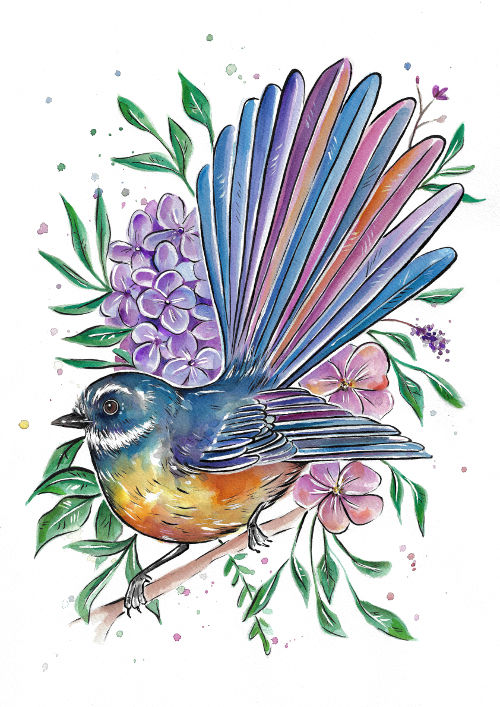 Garden Fantail - birds - FionaClarkeART.co.nz
