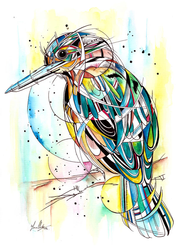 Geometric Kingfisher - birds - FionaClarkeART.co.nz