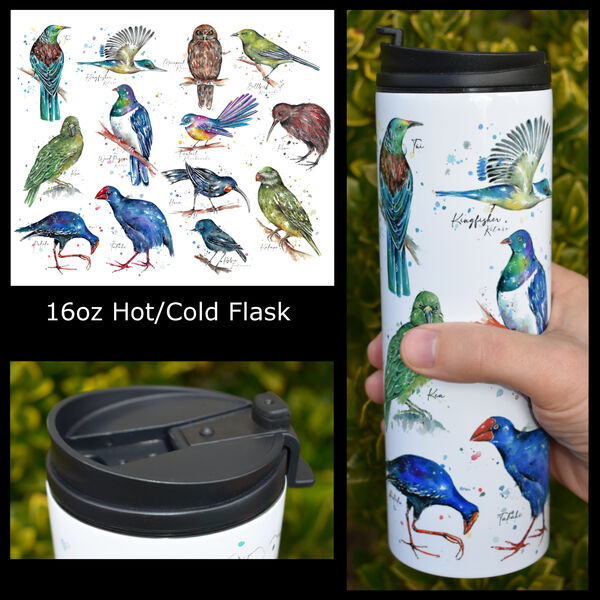 NZ Birds Hot/Cold Flask - Thermal Flasks - FionaClarkeART.co.nz