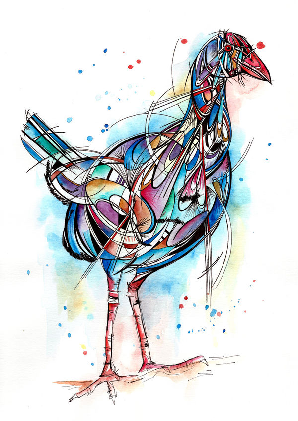 Inked Pukeko - birds - FionaClarkeART.co.nz