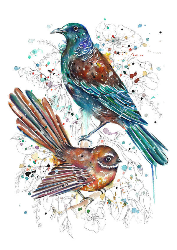 Sketchy Tui and Fantail - birds - FionaClarkeART.co.nz