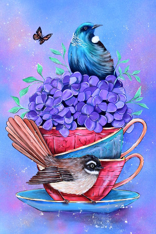 Tui and Fantail Tea Party - birds - FionaClarkeART.co.nz