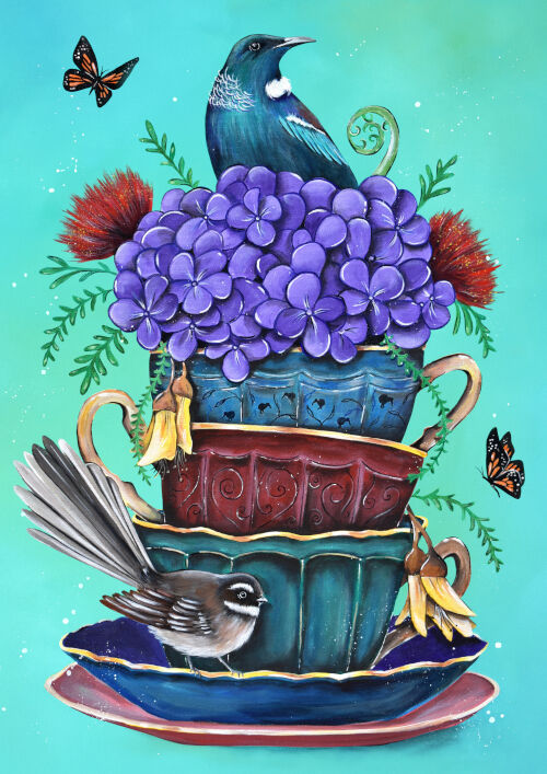 Garden High Tea - birds - FionaClarkeART.co.nz